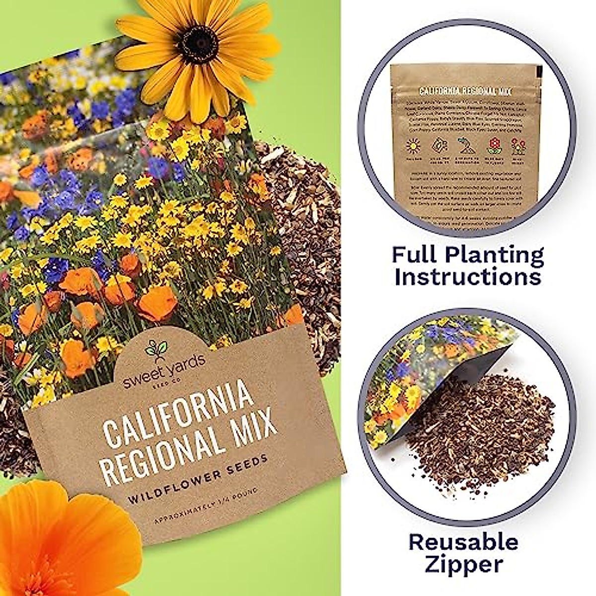 California Wildflower Mixture - Bulk 1/4 Pound Bag - Over 30,000 Native Seeds - Open Pollinated and Non GMO