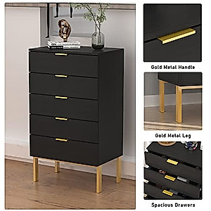 FAMAPY Chest of Drawers 5-Drawer Dresser with Straight Gold Metal Legs, Wood Storage Chest Drawer Organizer Large Storage for Bedroom Black (23.6”W x 15.7”D x 41.1”H)