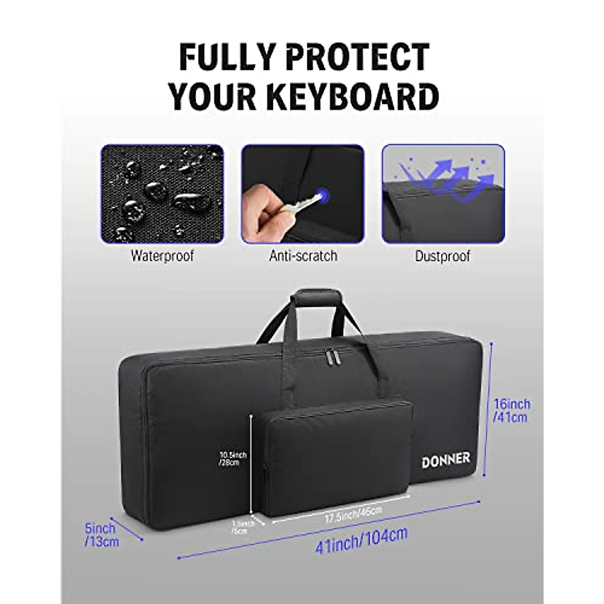 Donner 61 Key Keyboard Case, Portable Electric Piano Keyboard Gig Bag, Waterproof Durable 600D Nylon Oxford Cloth, 10mm Cotton Padded, 41"x 16"x 5", Black