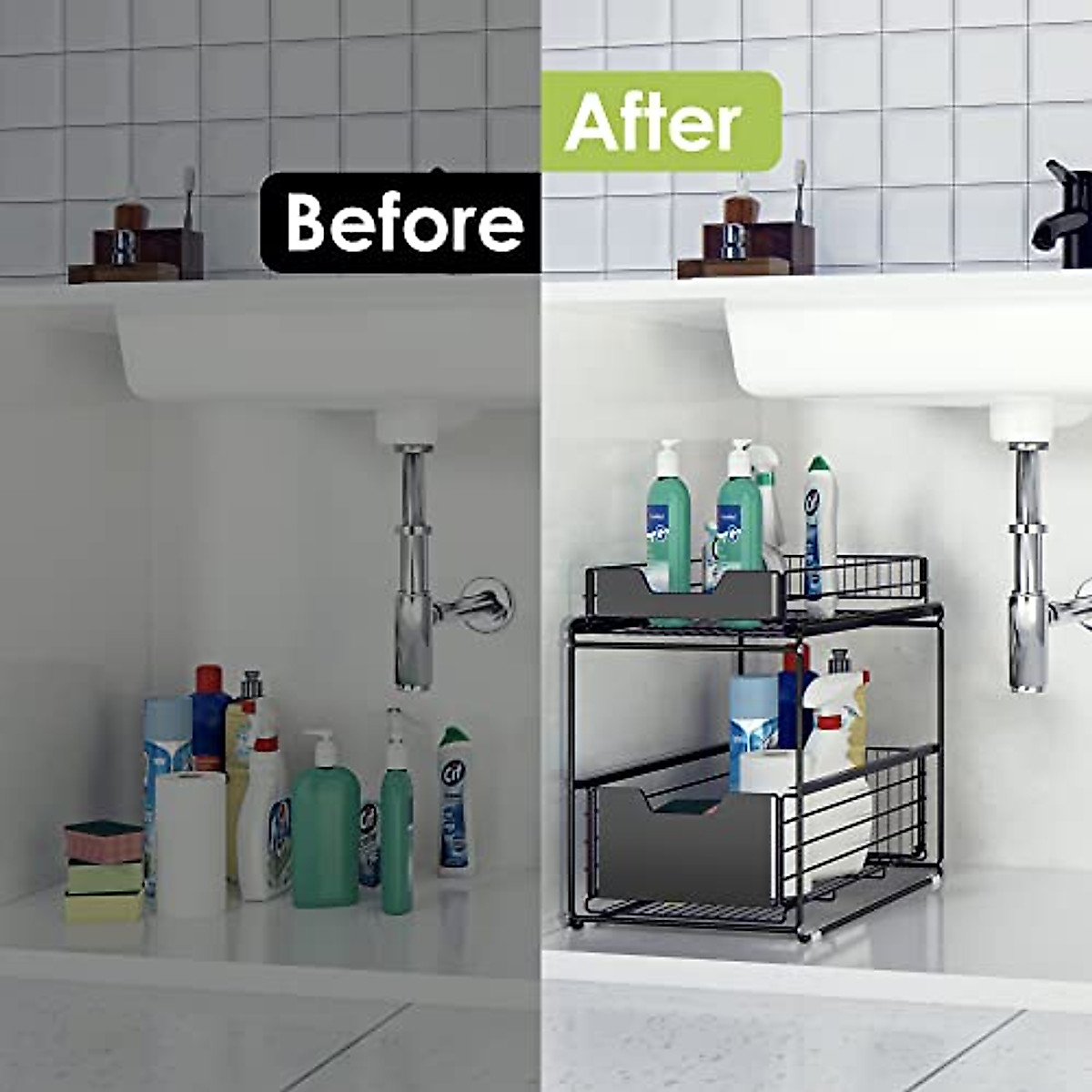 DOLALIKE Pull Out Under Sink Cabinets Organizer, Stackable 2 Tire Sliding Countertop Organizer, Under Sink Storage Drawer Shelf for Kitchen (Black)