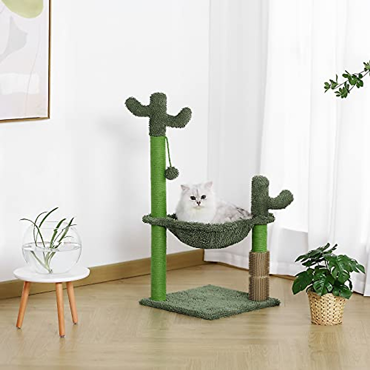Dreamsoule Cactus Cat Tree, Large Cat Trees with Hammock 35 inch High Cat Scratching Post and Back Scratcher, Cactus Cat Scratcher with Interactive Dangling Ball, Climbing Stand for Indoor Kittens
