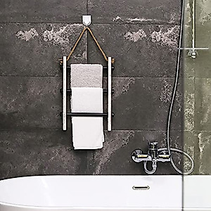 MyGift 3-Tiered Hanging Hand Towel Rack Ladder, Wall Mounted Whitewashed Wood and Industrial Pipe Bathroom Storage Towel Holder with Rope