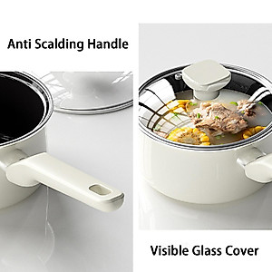 Enamel Cast Iron Sauce Pot with Lid, 2.1 Qt Milk Pan Saucepan with Effortless Handle, Healthy Soup Pot Cookware for Multiple Cooking Methods (White)