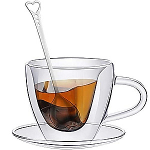 Heart Shaped Double Walled Glass Insulated Coffee Mug Clear Tea Cup 180 ml, 6 Oz Cappuccino Cup with Saucer and Heart Shaped Coffee Spoons for Valentine's Day Anniversary Party Supplies