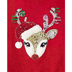 The Children's Place Girls' Long Sleeve Fashion Dress, Red Chistmas Reindeer, Large (10/12)