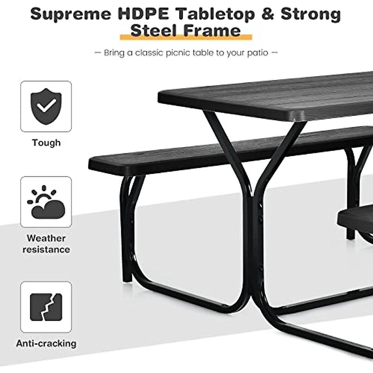 Tangkula Picnic Table Bench Set, Outdoor Picnic Table with 2 Benches, Metal Camping Table with Plastic Wood-Like Texture Tabletop & Steel Frame, Ideal for Picnic, Party, Garden, Lawn (Black)
