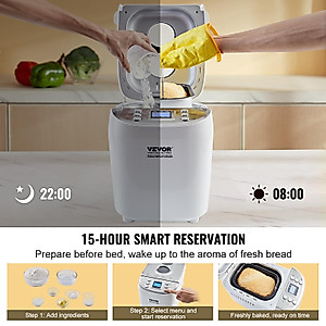 VEVOR Bread Maker, 15-in-1 3LB Dough Machine, Nonstick Ceramic Pan Automatic Breadmaker with Gluten Free Setting, Whole Wheat Bread Making, Digital, Programmable, 3 Loaf Sizes, 3 Crust Colors, White