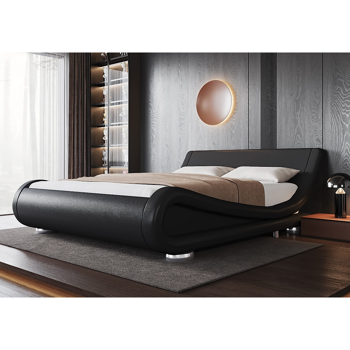 Allewie Full Size Upholstered Platform Bed Frame with Adjustable & Ergonomic Headboard, Low Profile Sleigh Design for Modern Bedroom - Easy Assembly, No Box Spring Needed, Black