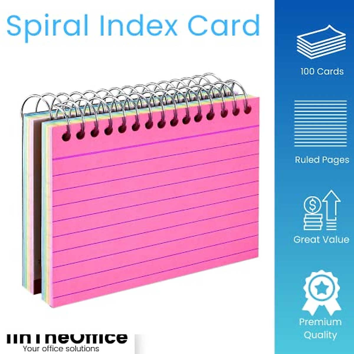 1InTheOffice Spiral Index Cards 3x5 Ruled, Spiral Bound, 50 Neon Note Cards/Spiral (2 Pack)