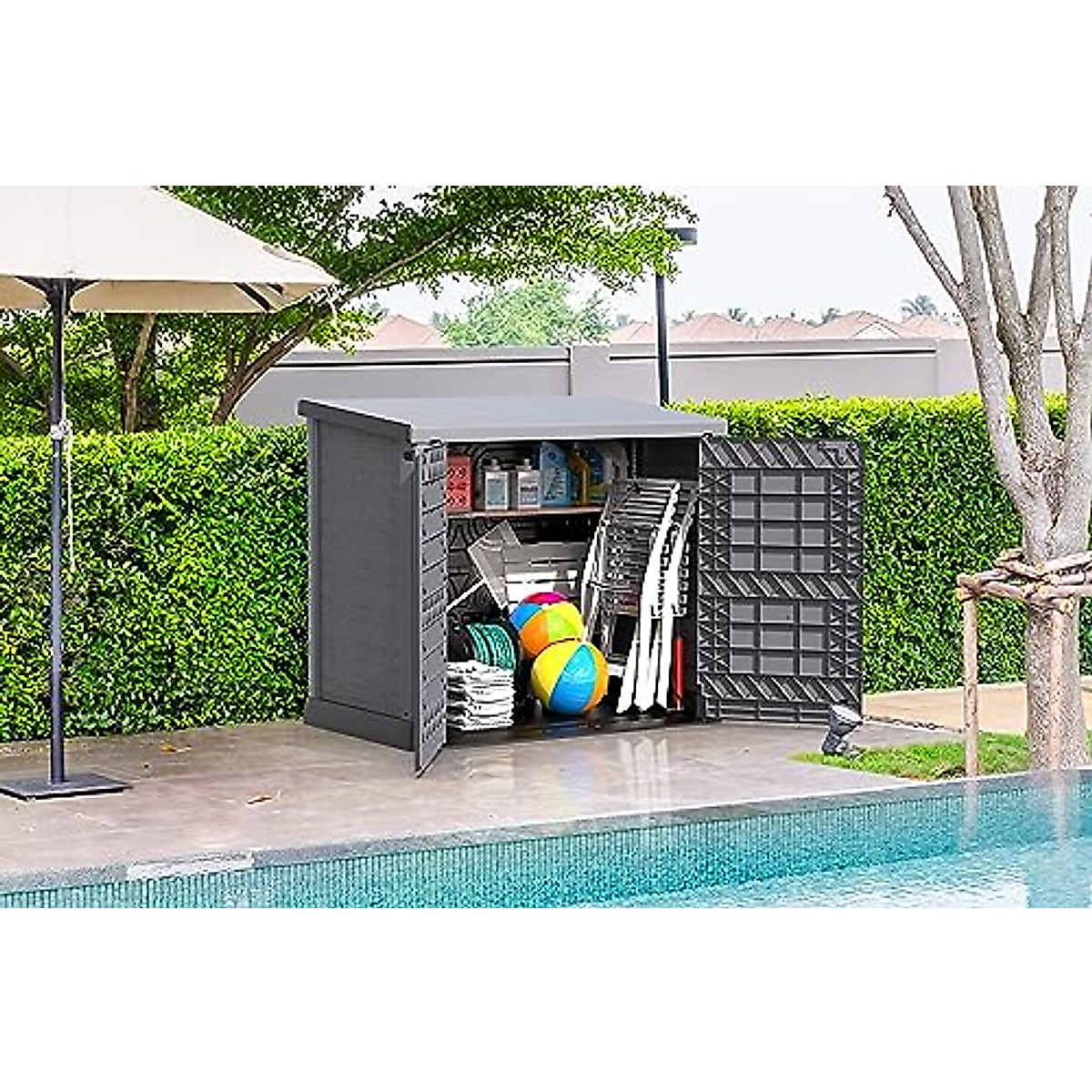 Duramax Cedargrain StoreAway 1200L Plastic Garden Storage Shed/Flat Lid - Outdoor Storage Bike Shed – Durable & Strong Construction– Ideal for Tools, Bikes, BBQs & 2X 240L Bins, 145x85x125 cm, Grey