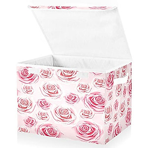 Kigai Rose Pink Storage Basket with Lid Collapsible Storage Bin Fabric Box Closet Organizer for Home Bedroom Office 1 Pack
