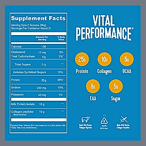 Vital Proteins Collagen Protein Powder, Vital Performance 25g Lactose-Free Milk Protein Isolate Powder, 10g Grass-Fed Collagen Peptides, 8g EAAs, 5g BCAAs- Vanilla, 1.68lb