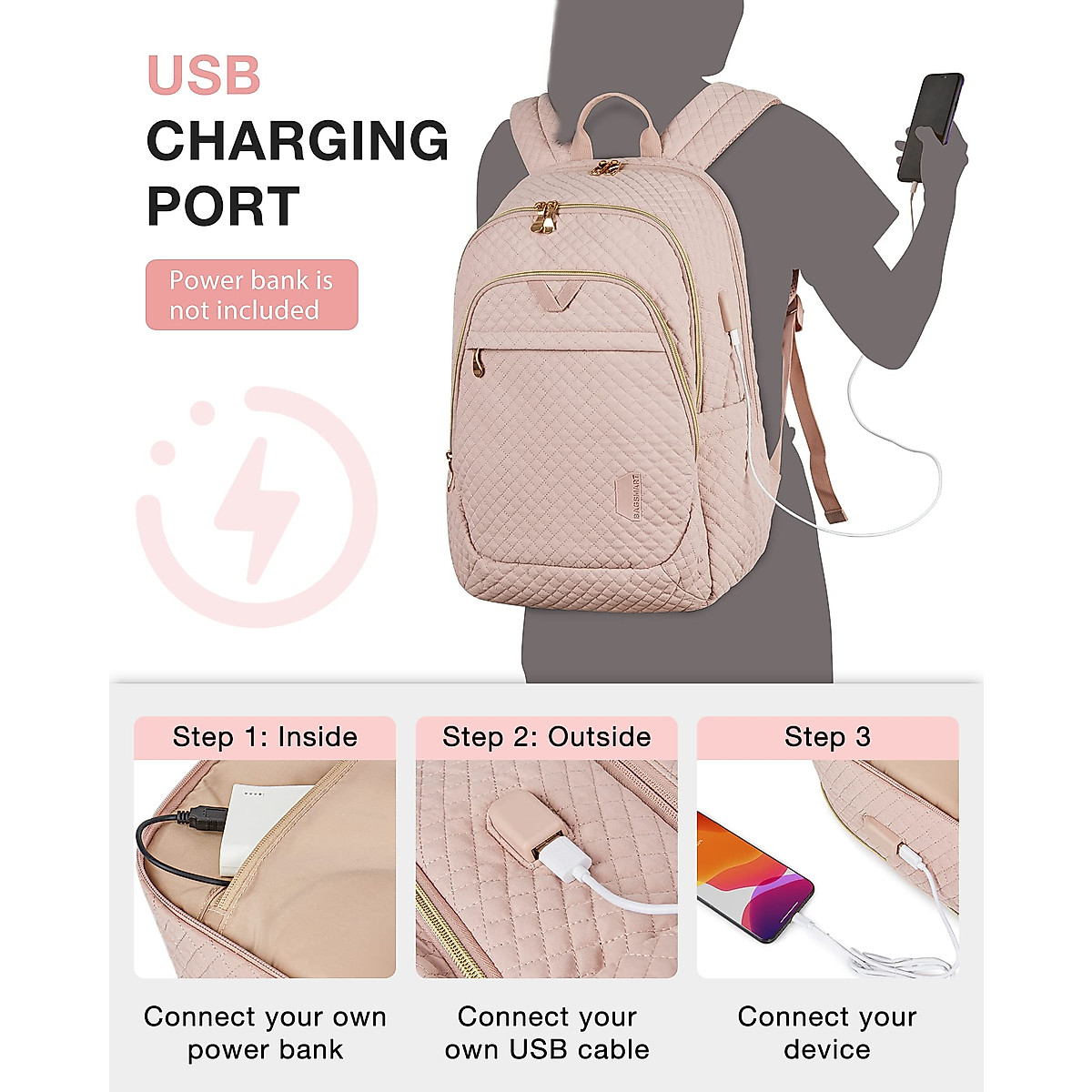 BAGSMART 15.6 Inch Pink Quilted Laptop Backpack for Women with USB Charging Port