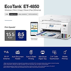 Epson EcoTank ET-4850 Wireless All-in-One Cartridge-Free Supertank Printer with Scanner, Copier, Fax, ADF and Ethernet – The Perfect Printer Office - White
