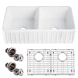 Double Bowl Kitchen Sinks, HOROW 33 inch White Kitchen Sink 50/50 Apron Front Ceramic Fireclay Farmhouse Sink, 33"W x 18"D x 10"H