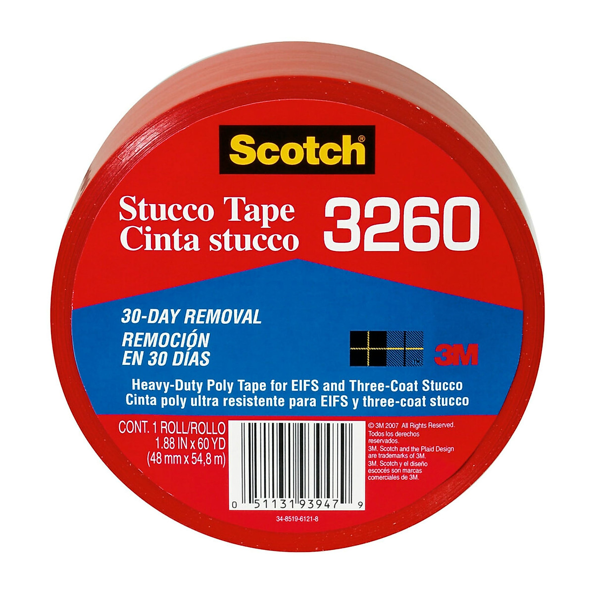Scotch Stucco Tape, 1.88 in x 60yd, 30 Day Clean Removal, Heavy-Duty Outdoor Stucco Tape, UV & Moisture Resistant, Water Resistant Poly Backing, 1 Roll, Red (3260-A)