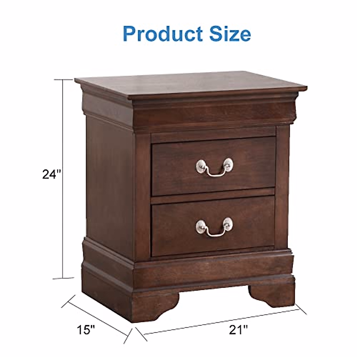 Henf Nightstand with 2 Drawers Traditional Rectangular Side Table, Bedside Table with Metal Ring Handle, Full Assembly Wood Night Stand for Bedroom Furniture, Cherry Brown