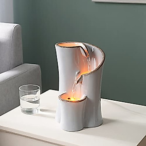 Indoor Water Fountain Imitation Ceramics Appearance Tabletop Fountain Relaxation Desktop Waterfall Fountain w/ 3 Reflective led, 9.8 Inch Tall Fountain (Grey)
