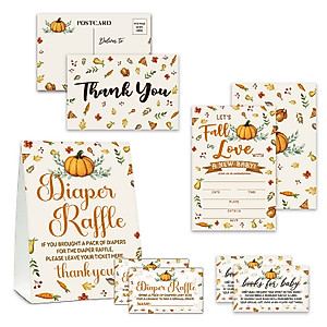 Fall Baby Shower Invitations Set, Thanksgiving Baby Shower Games, Pumpkin Diaper Raffle Sign & 25 Diaper Raffle Tickets, 25 Book Request Cards, 25 Baby Shower Invitations, 25 Thank You Cards (FALL02)