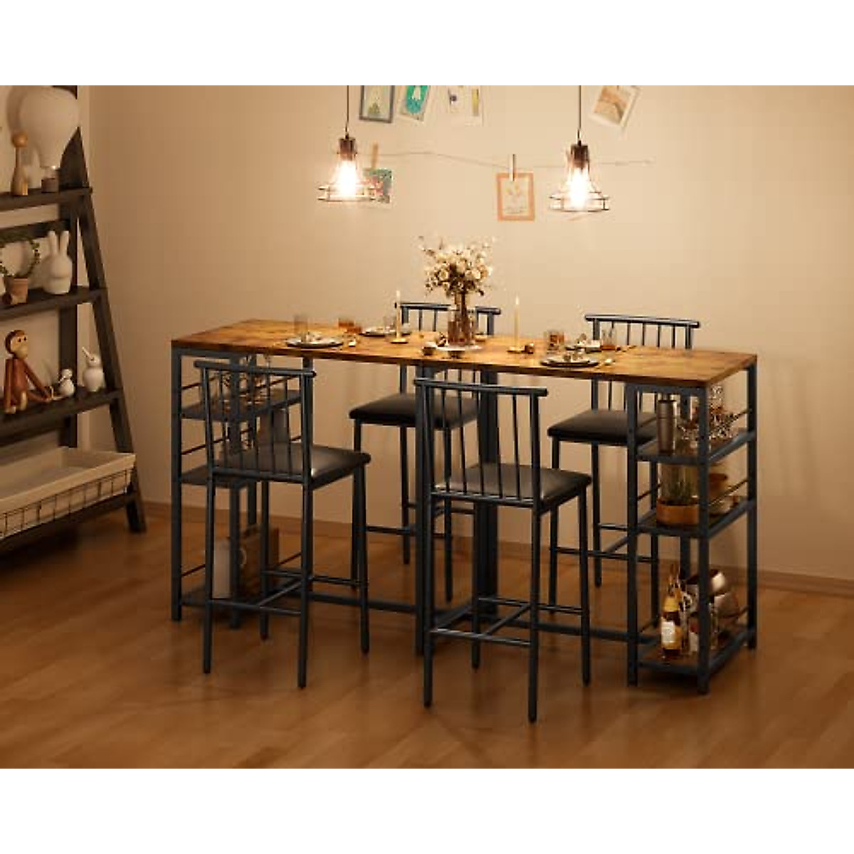 Gizoon Bar Table and Chairs Set for 2 with 3 Storage Shelves, Kitchen Counter Height Dining Table Set with Pu Cushion Chairs & Thick Wood Top for Breakfast, 3-Piece Modern Pub Table Set - Retro