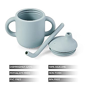 PandaEar 2 Pack 100% Tiny Silicone Drinking Training Cup with Handles & Straw for Baby and Toddler -Blue/Grey