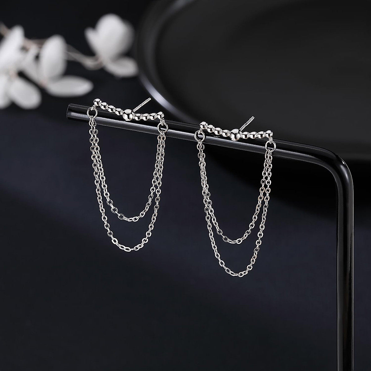 SLUYNZ 925 Sterling Silver Dangle Earrings Chain For Women Dangling Tassel Earrings Tiny Balls Stud (A-Silver)