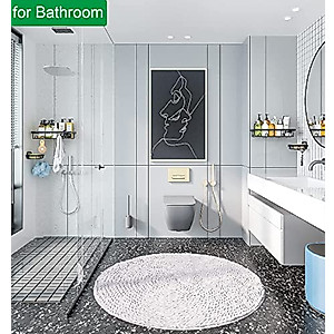 Adhesive Shower Caddy (2 Pack) with 2 Soap Dishes, Shower Shelf with Hooks, No Drilling/ Wall Mounted Shower Rack Rustproof Stainless Steel Shower Organizer for Inside Shower & Kitchen Storage (Black)