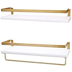 Peter's Goods Modern Floating Shelves with Rail, Modern Brass Finish, Set of 2 Shelves - Wall Mounted Bathroom Wall Shelves with Towel Bar - Also Perfect for Bedroom Decor and Kitchen Storage