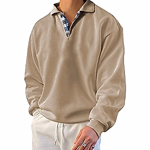 YawYews Men's Long Sleeve Polo Shirts-Casual Thermal Loose Fit Pullover Sweatshirts Khaki