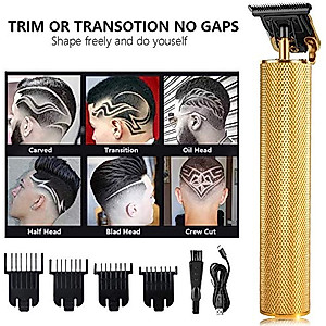 Electric Pro Hair Clippers T-Blade Beard Trimmer USB Rechargeable Cordless Outliner Hair Trimmers for Men Professional Grooming Kit With 4 Limit Comb Gold(0/1.5/3/6/9 mm)
