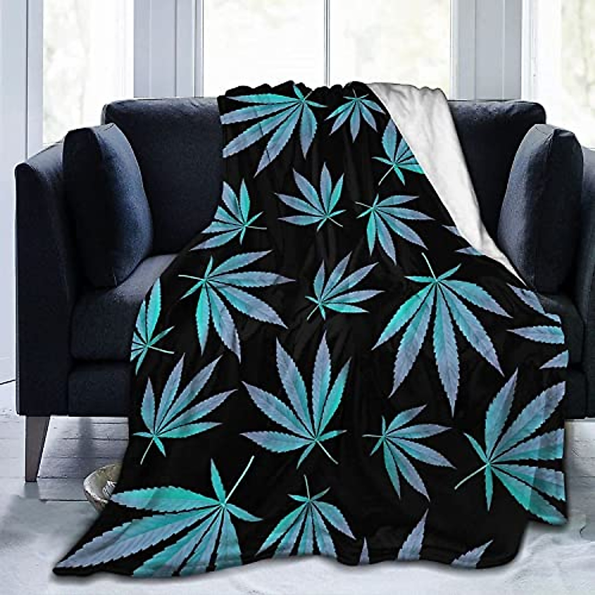 DICITNET Blue Leaves Weed Blanket Throw Blanket Lightweight Microfiber Blankets for Bed Couch Sofa Blanket Quilt 80"X60"