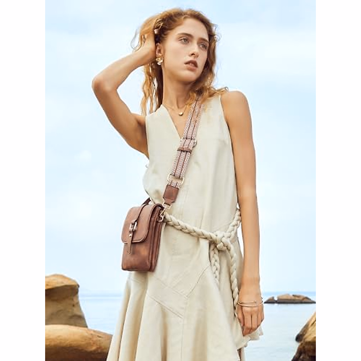 CLUCI Small Crossbody Bags for Women Leather Cell Phone Shoulder Purses Beige with Brown