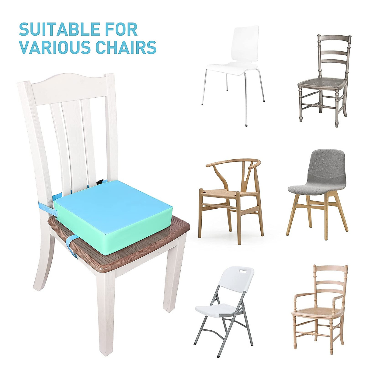 Toddler Booster Seat for Dining Table, Double Safe Adjustable Straps Portable Booster Seat Dining Table, PU Washable Kids Booster Seats, Portable Travel Increasing Cushion Booster Seat (Blue)