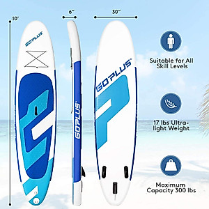 Goplus Inflatable Stand Up Paddle Board, 6” Thick SUP with Accessory Pack, Adjustable Paddle, Carry Bag, Bottom Fin, Hand Pump, Non-Slip Deck, Leash, Repair Kit (Blue, 10FT)