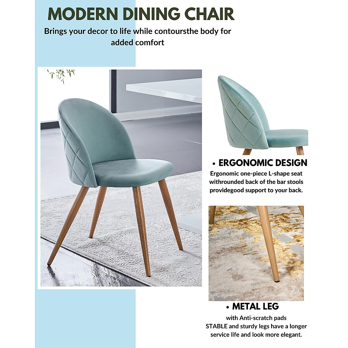 FurnitureR Dining Chairs Set of 2, Velvet Upholstered Kitchen Chairs Modern Dining Room Side Chairs with Soft Seat/Metal Legs, Accent Chairs for Home Restaurant, Aqua, Oak Leg
