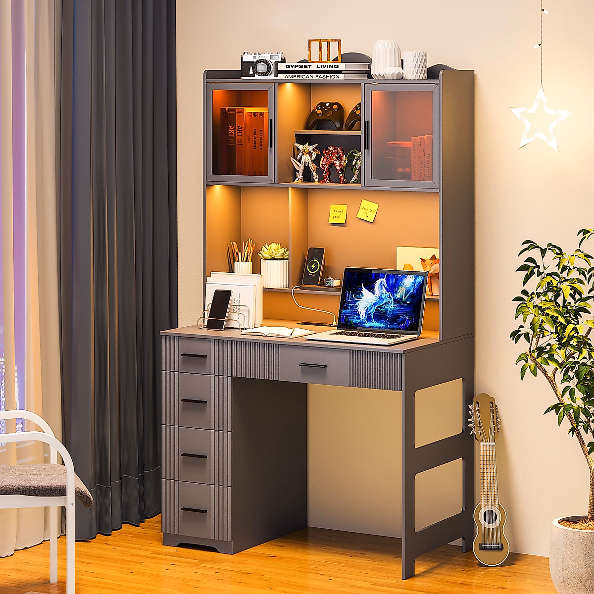 WOOVIVS LED Study Desk with Hutch and Drawer, Home Office Desk with Outlet, Computer Desk with USB Charging Station, Writing Desk for Bedroom, Workstation for Small Space (Grey)