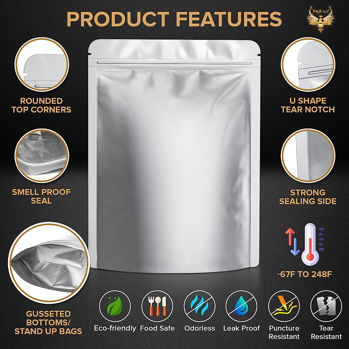 PRILUX Mylar Bags for Food Storage - 120 Stand Up Mylar Bags & Mylar Bags with Oxygen Absorbers - 10 Mil 1 Gallon, Quart & 8 Mil Small, Reusable Heat Sealable Zipper Resealable Airtight Food Storage