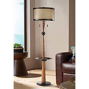 Franklin Iron Works Hunter Rustic Farmhouse Vintage Floor Lamp with Tray Table and USB Port 64.75" Tall Painted Bronze Faux Wood Oatmeal Linen Drum Shade for Living Room Reading House Bedroom Home