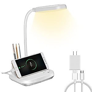 NovoLido LED Desk Lamp with Adapter, Rechargeable Desk Lamp with USB Charging Port, Pen Holder, 4 Color Modes, Flexible Portable Bedside Table Lamp for Kids/Home/Office/Dorm Reading Studying (White)