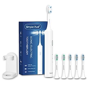 Simple Plus+ Ultrasonic Electric Toothbrush with 5 Brush Heads Replacement, Rechargeable Toothbrush for Adults, 90 Days 37000VPM,3 Modes with 2 Minutes Smart Timer, Ultrasonic Toothbrushes