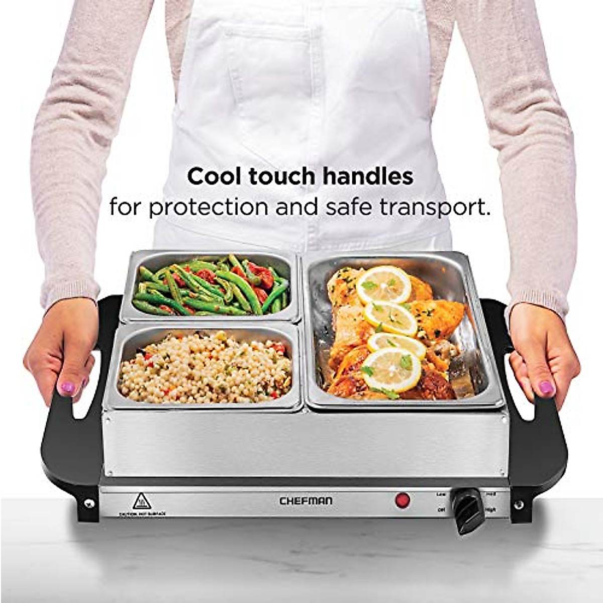 Chefman Electric Buffet Server + Warming Tray w/Adjustable Temperature & 3 Chafing Dishes, Hot Plate Perfect for Holidays, Catering, Parties, Events & Home Dinners, 14" x 14" Surface, Stainless Steel