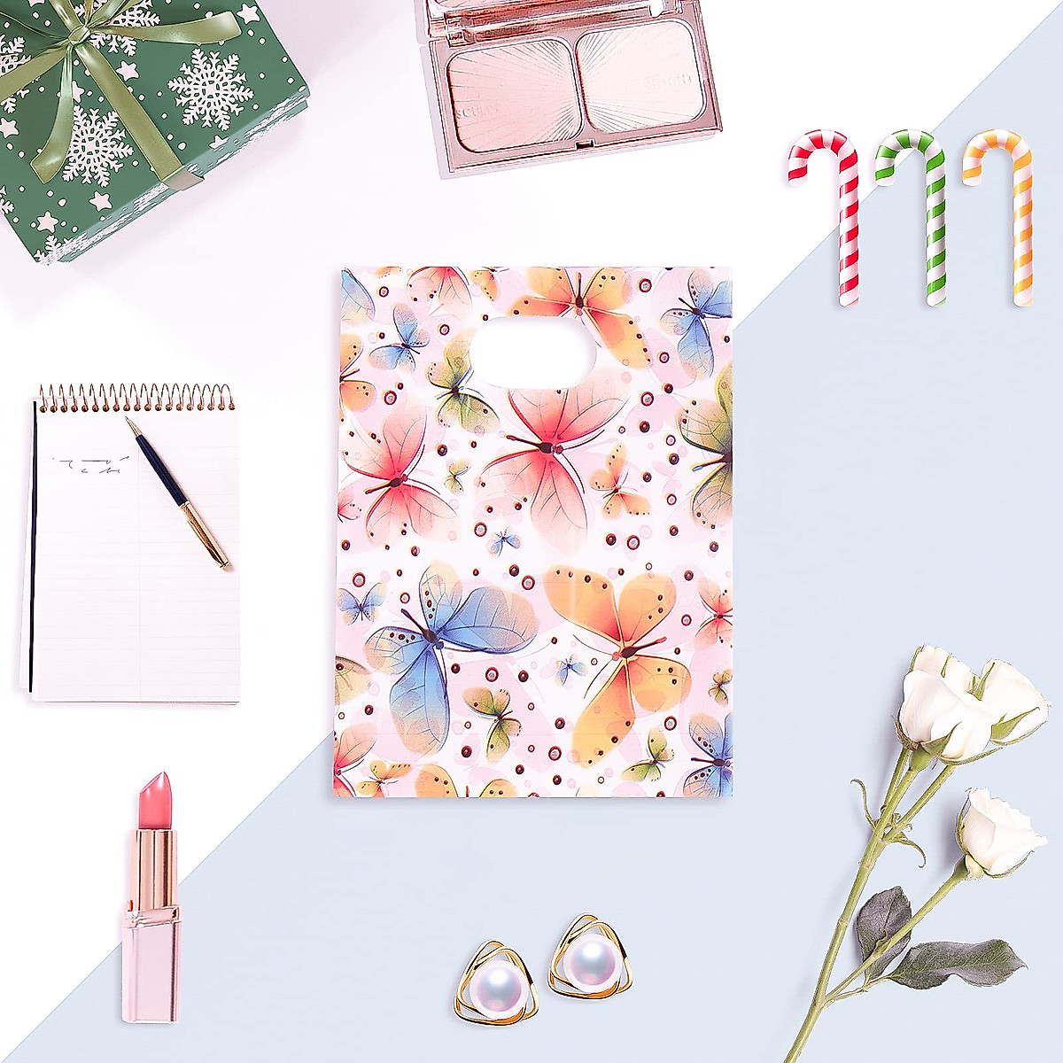 NUOMI Butterfly Plastic Merchandise Bags with Die Cut Handle 100 Pcs Glossy Retail Bags for Shopping, Gifts Wrapping, Goodies, Party Favors, Birthdays