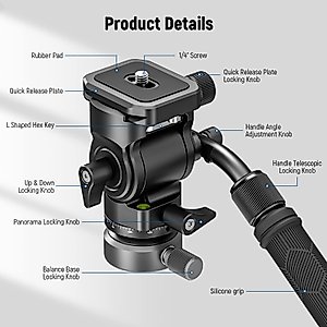 NEEWER Tripod Fluid Head with +/-10° Leveling Base(37mm Dia.), Metal Pan Tilt Head with Arca Type QR Plate, Telescopic Handle for Compact Video Camera DSLR Camera, Max Load 8.8lb/4kg, GM27