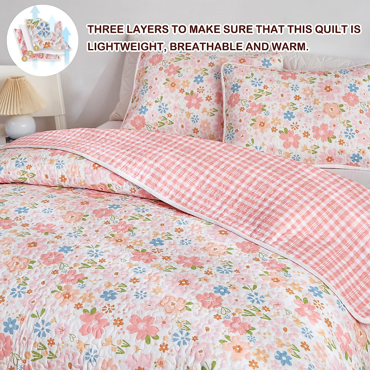 Joyreap 3 Pieces Cotton Quilt Set for Girls, Full/Queen Size Floral Pink Flowers Design, Cozy Lightweight Quilt Bedspread Bed Cover for All Season, 1 Quilt and 2 Pillow Shams- 90x90 inches
