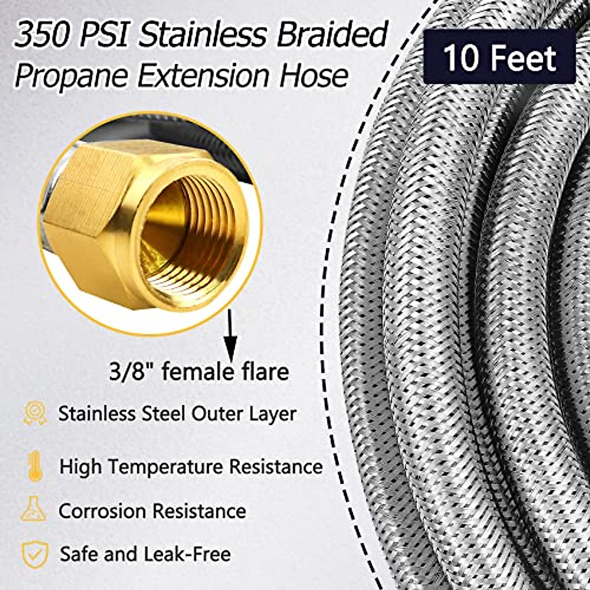 Upgraded 10 Feet High Pressure Braided Propane Hose Extension with 5 Conversion Coupling 3/8" Flare to 1/2" Female NPT,1/4" Male NPT,3/8" Male NPT,3/8" Male Flare for Heater,BBQ Grill,Flexible,Durable