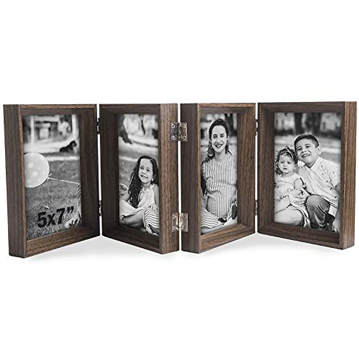 5x7 Hinged Picture Frames Beveled Wood Brown with Real Glass 4 Vertical Opening Family Lover Gift