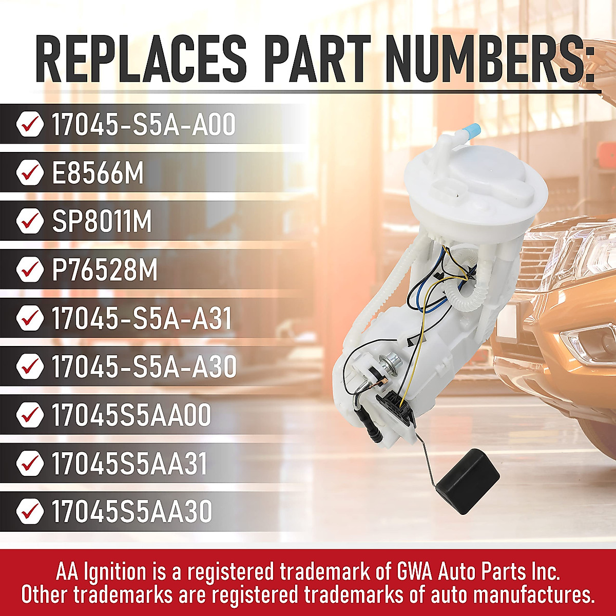 Replacement Electric Fuel Pump - Compatible with Honda Civic 2001-2005 1.3L, 1.7L, 2.0L - Replaces Part 17045-S5A-A00, E8566M, SP8011M, P76528M, 17045-S5A-A31, 17045-S5A-A30 - Gas and Hybrid Models