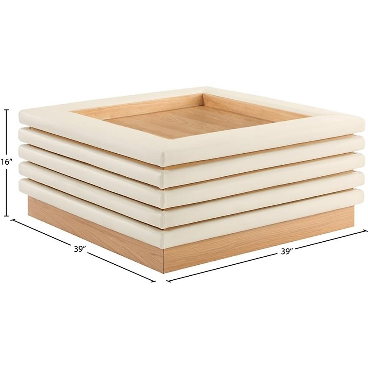 Meridian Furniture 210Cream-CT Rory Collection Modern | Contemporary Upholstered Coffee Table, Soft Cream Vegan Leather, Natural Finish Oak Veneer, Deep Channel Tufting, 39" W x 39" D x 16" H, Cream