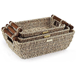 ADO Basics Wicker Basket with Stain Resistant Wooden Handles, Seagrass Wicker Baskets for organizing 14.6inchx10.5inchx5.3inch and 13inchx7.4inchx5.1inch and 9.5inchx6.6x4.5, Set of 3,Natural