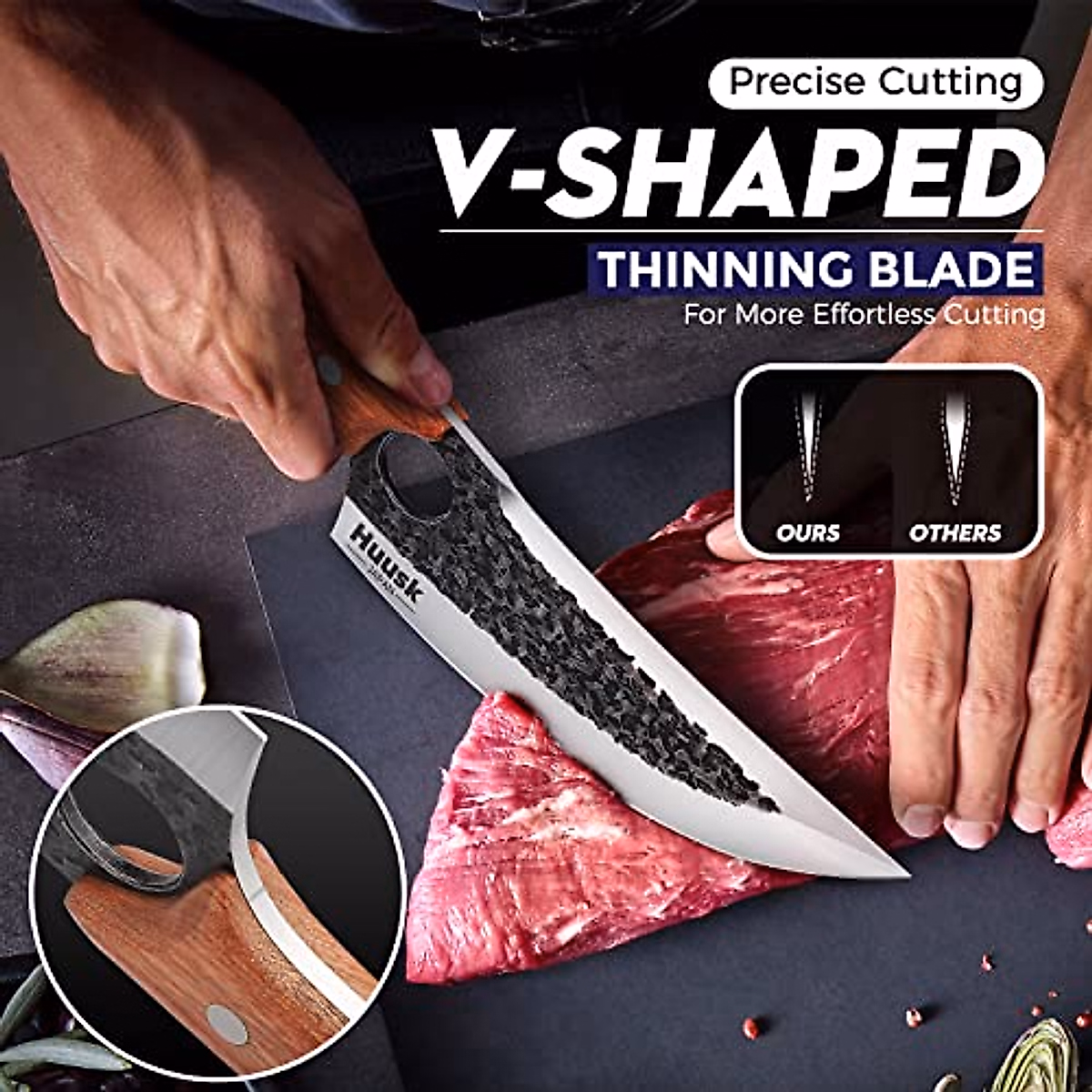 Huusk Knife Japan Kitchen Upgraded Viking Knives with Sheath Hand Forged Butcher Knife for Meat Cutting Japanese Cooking Knife Sharp Meat Cleaver Chef Knives for Kitchen and Outdoor Camping, BBQ